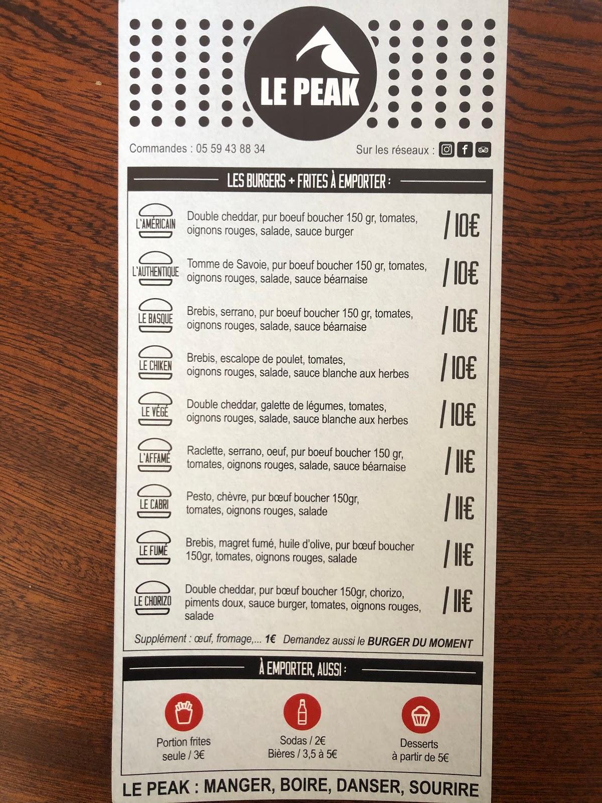 Carta de Le Peak burger bar, Bidart