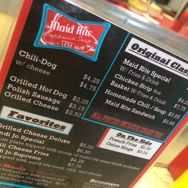 Menu at Maid-Rite restaurant, Christopher
