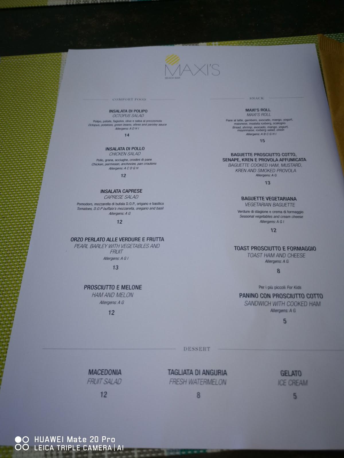 Menu at Maxi's Beach Bar, Sistiana, Strada Costiera Km 137+125