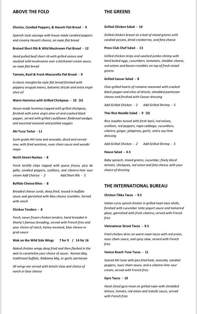 Menu at North Street Press Club, Farmville