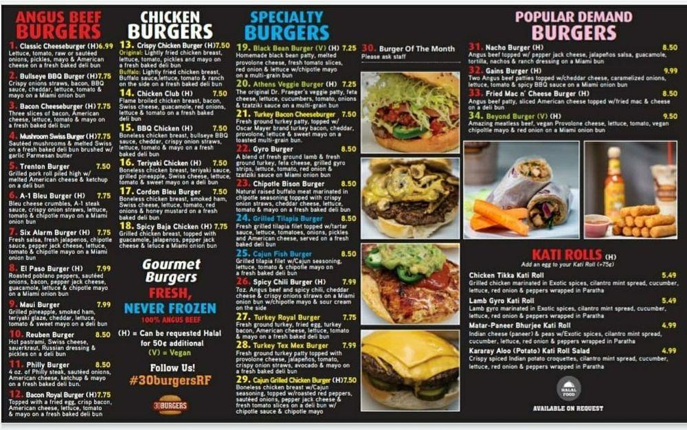 Menu at 30 Burgers restaurant, Rutherford