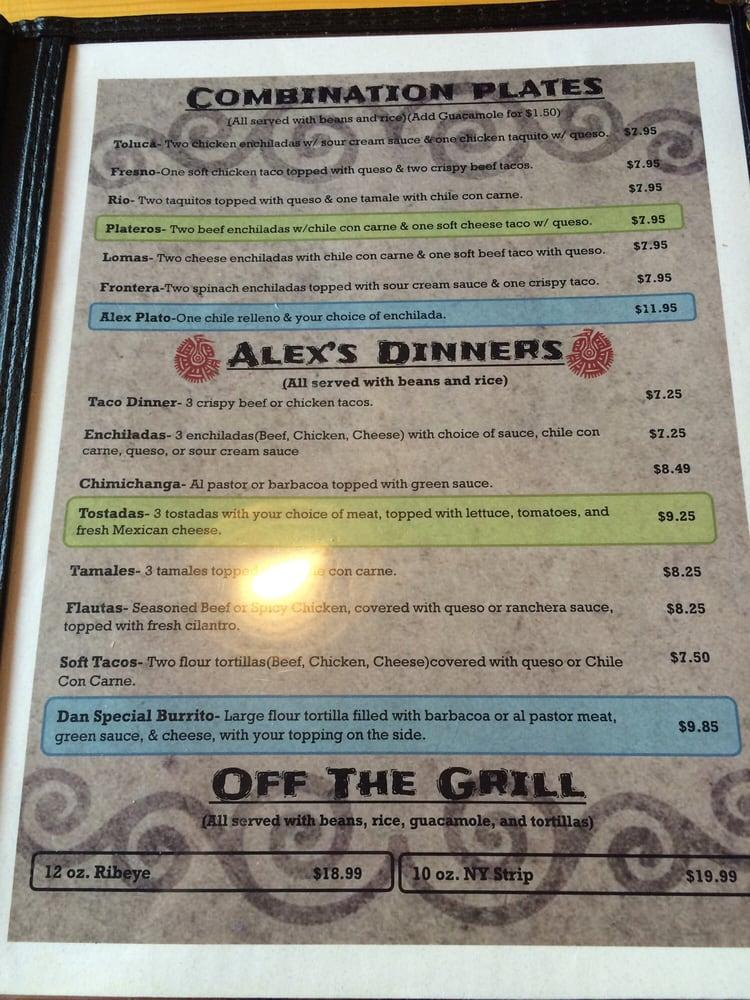 Menu at Alex's Mexican Tacos restaurant, Paris, NE Loop 286