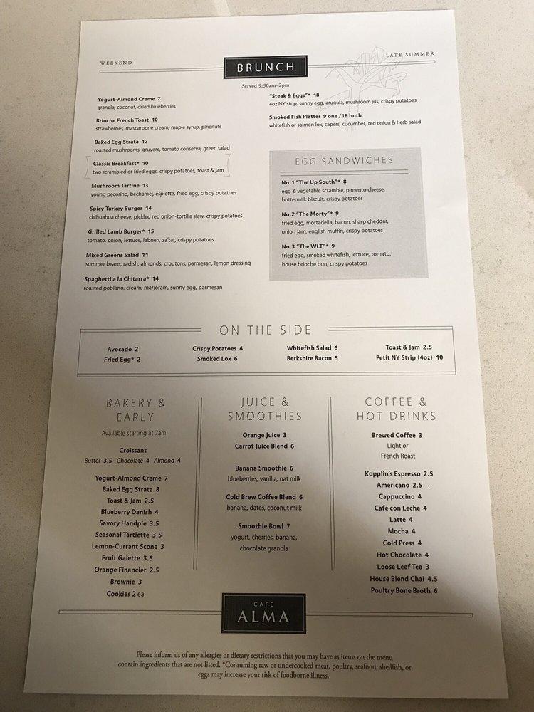 Menu at Alma cafe, Minneapolis, 528 University Ave SE