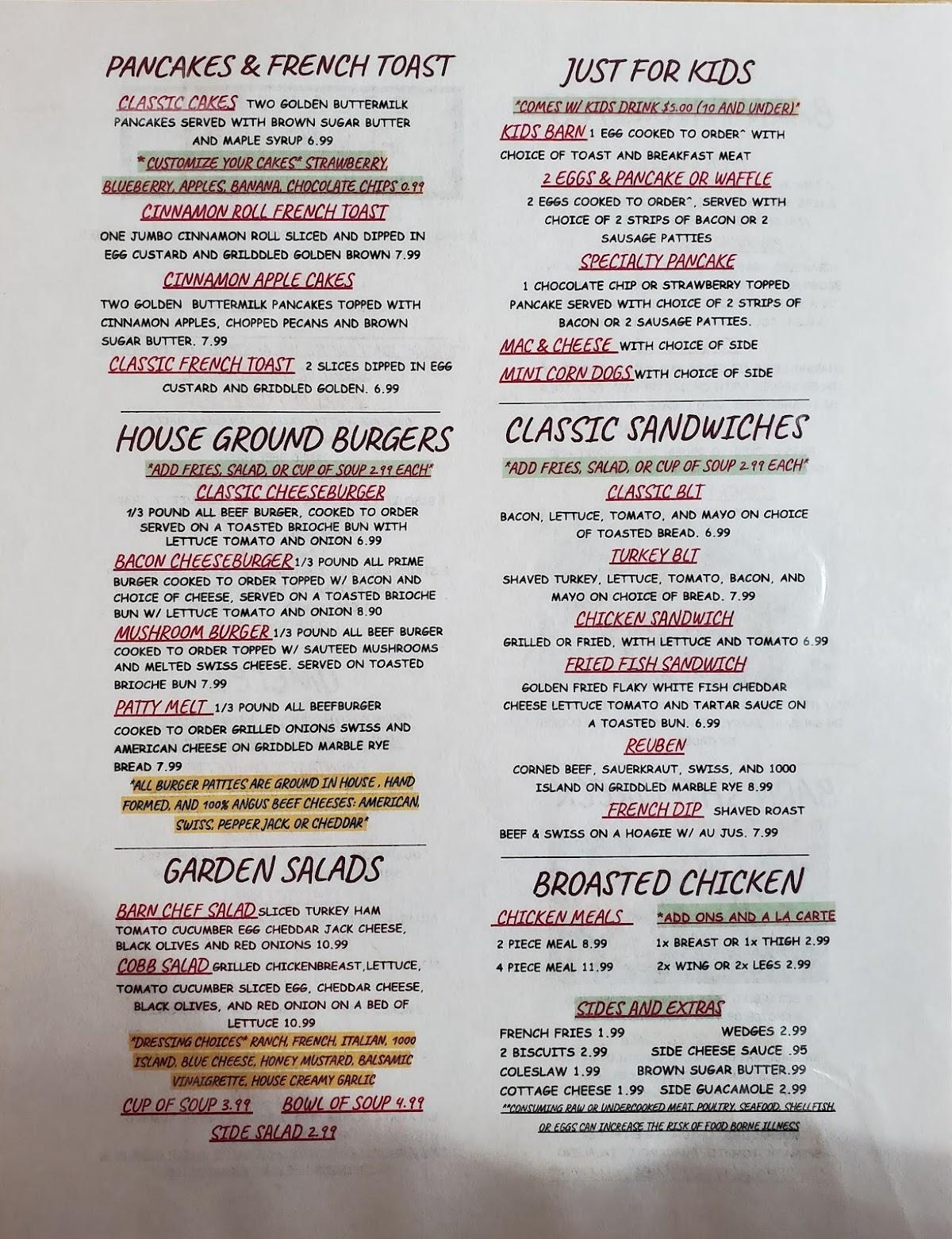 Carta de Breakfast Barn and Lunch House, Cedar Rapids