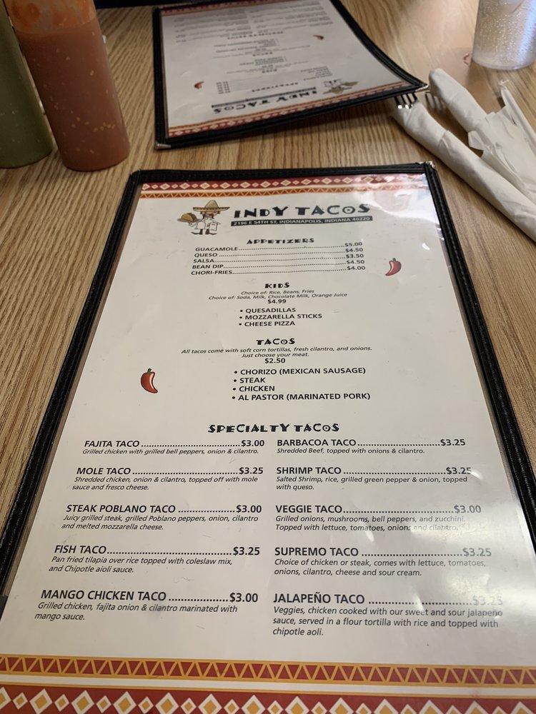 Menu at Indy Tacos restaurant, Indianapolis