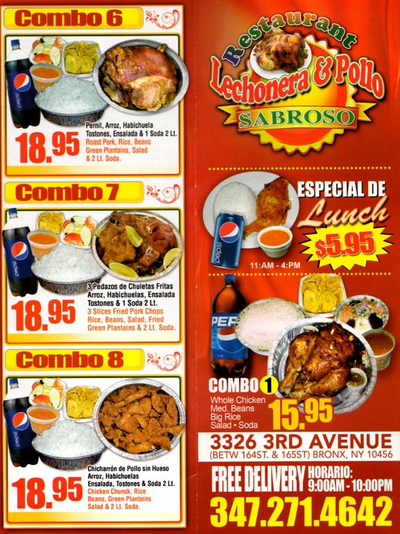 Menu at Lechonera & Pollo Sabroso restaurant, New York City, Third Ave