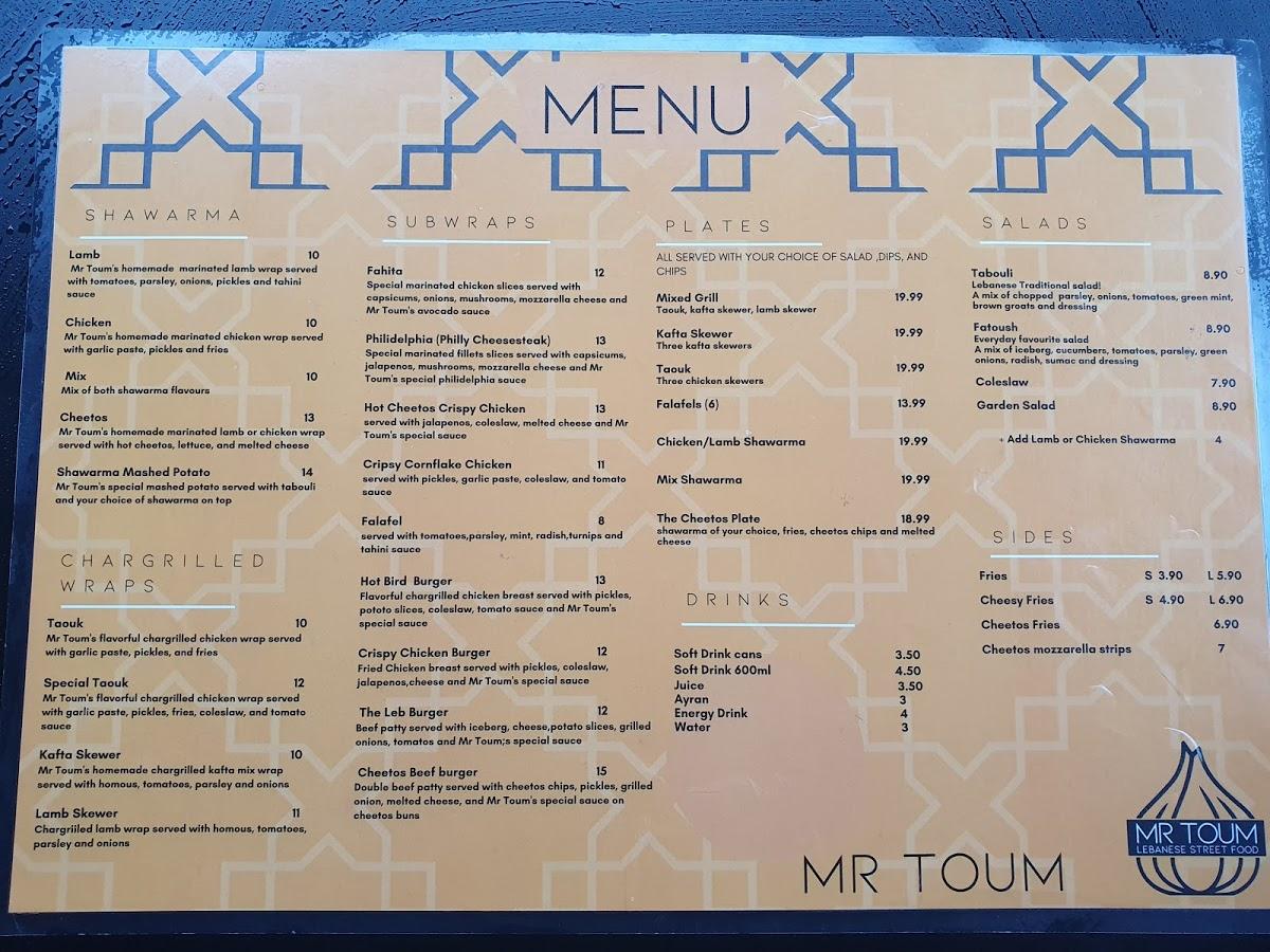 Menu at Mr Toum restaurant, Craigieburn