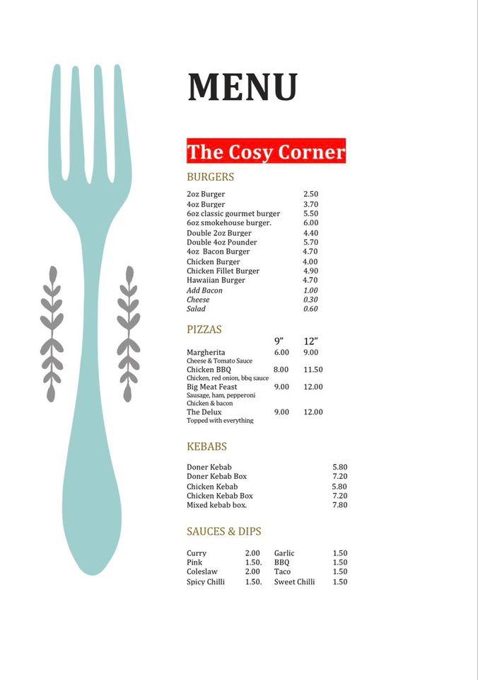 Menu at The Cosy Corner restaurant, Killygordon