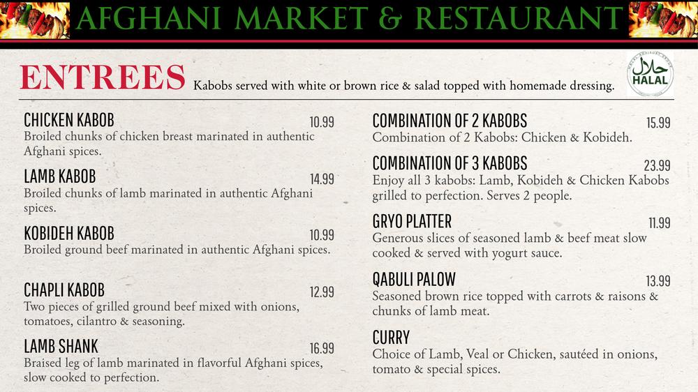 Menu at Afghani Market & Restaurant, Sacramento
