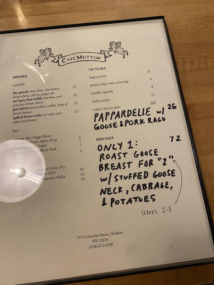 Menu at Cafe Mutton, Hudson