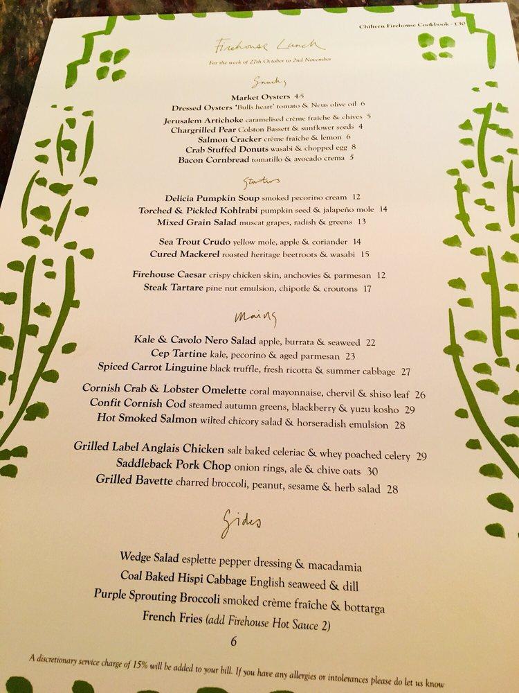Menu at Chiltern Firehouse restaurant, London