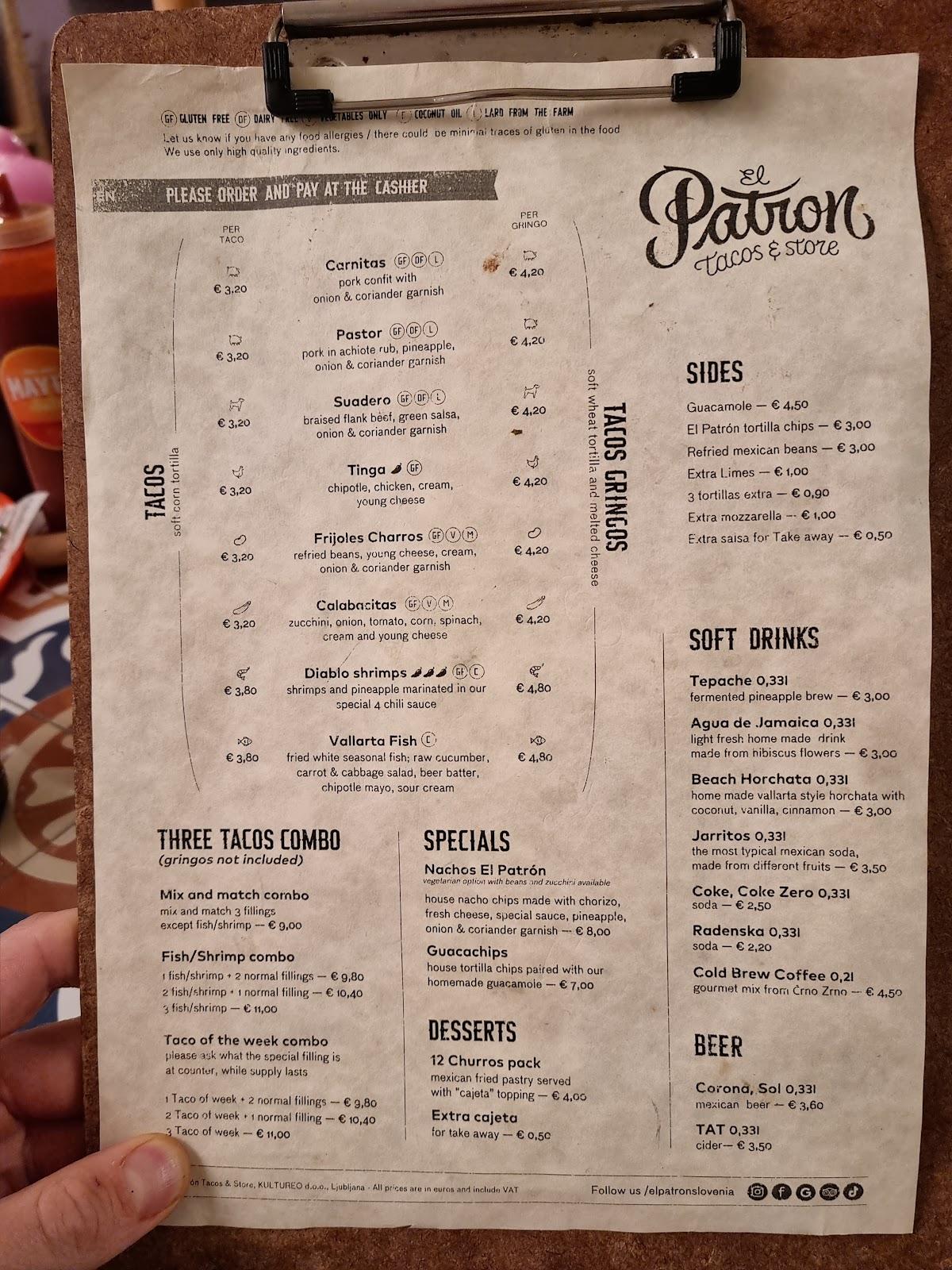 Menu au Patrón: Tacos & Bar, Ljubljana, Gornji trg 23