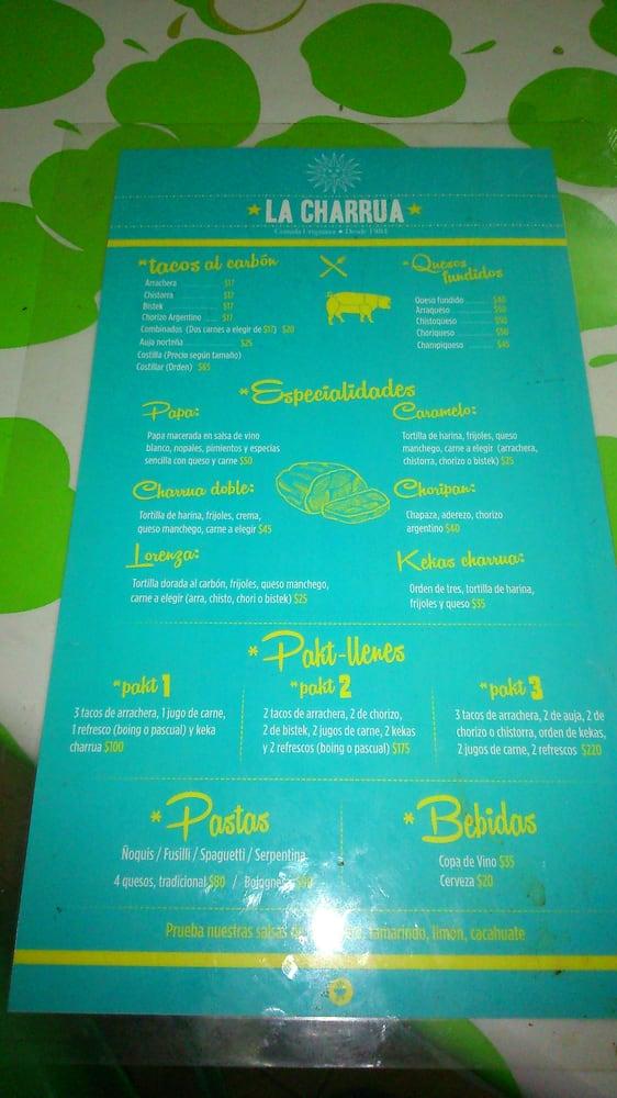 Carta del restaurante La Charrua, Ciudad del México