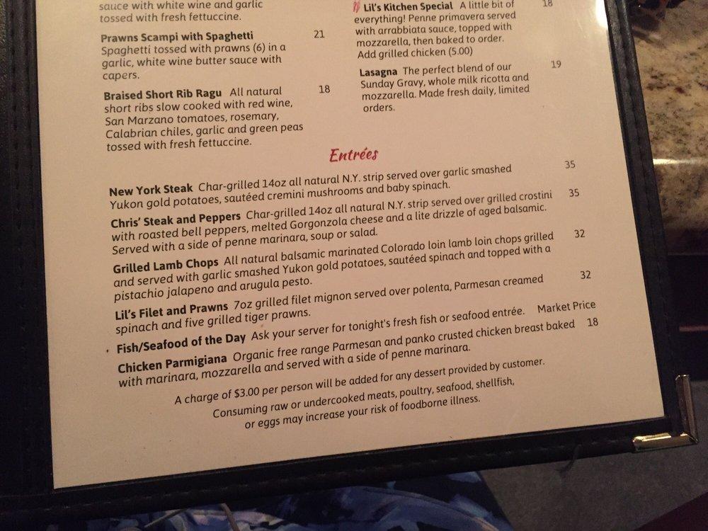 Menu at Lillian's Italian Kitchen steakhouse, Santa Cruz, Soquel Ave
