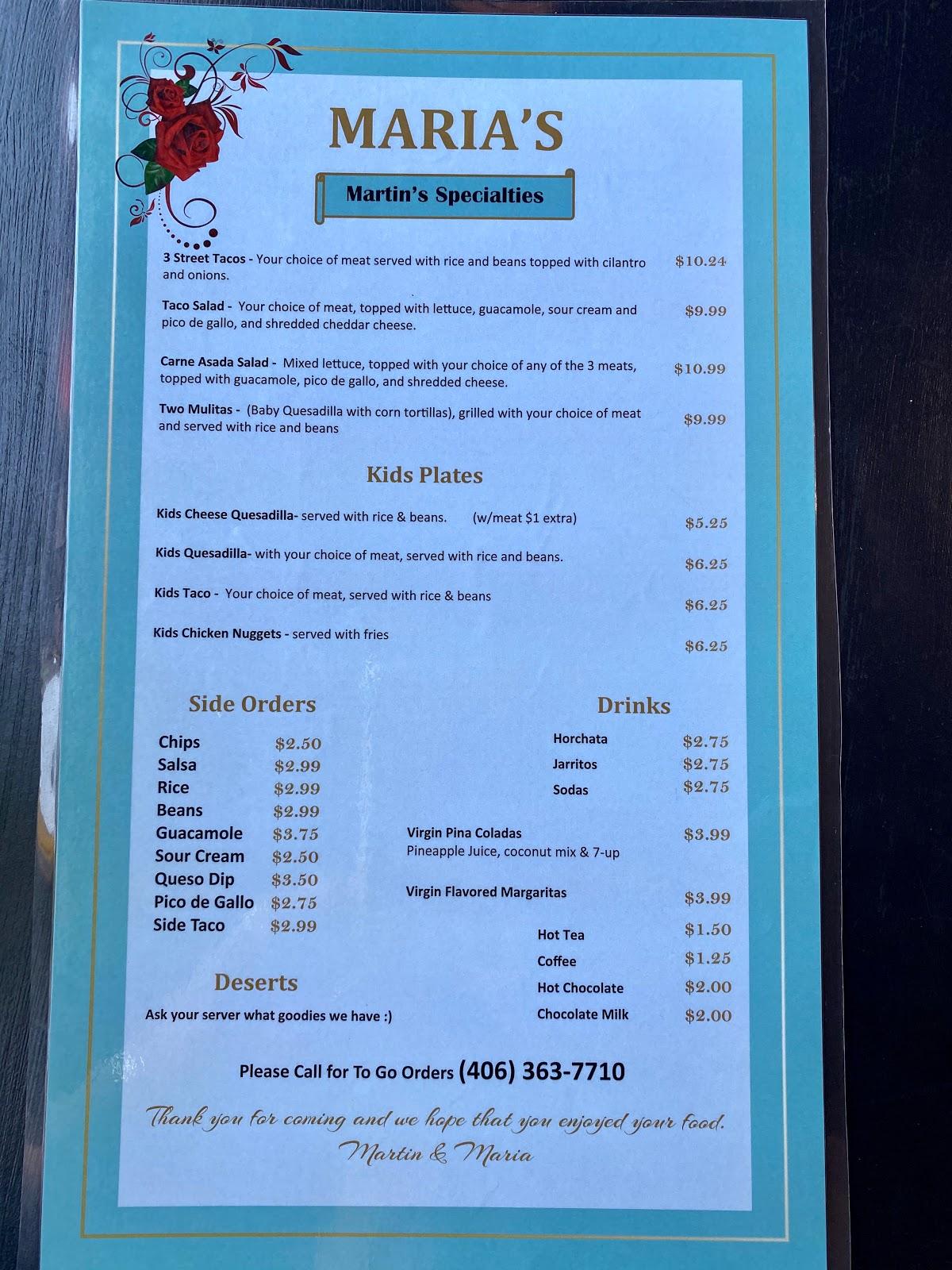 Menu at Maria's restaurant, Hamilton