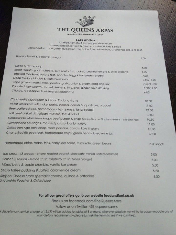 Menu at The Queens Arms pub & bar, London, 11 Warwick Way