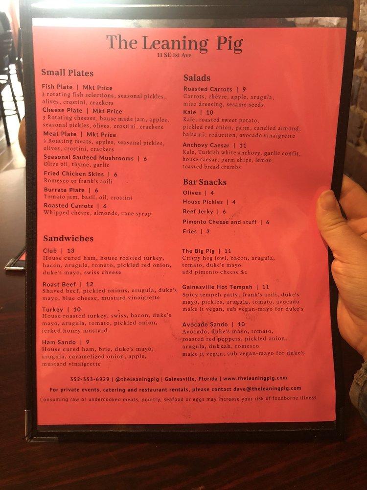 Menu at The Leaning Pig restaurant, Gainesville