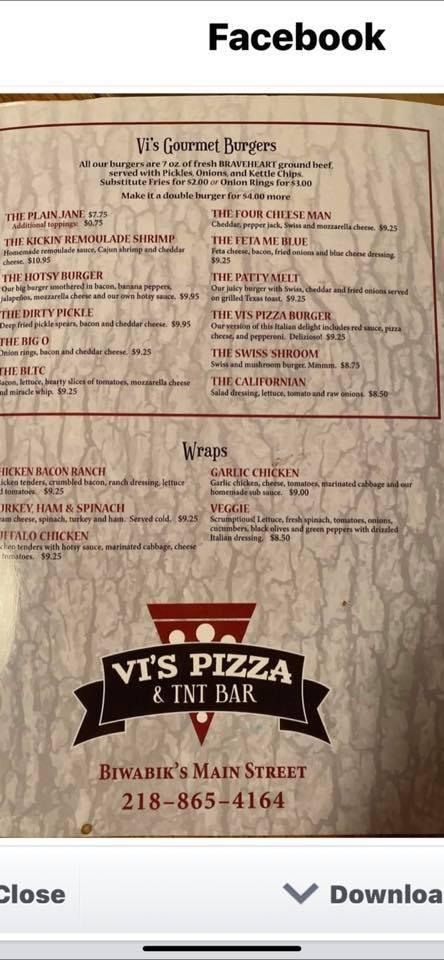 Menu at Vi's Pizza & TNT Bar, Biwabik, 301 Main St