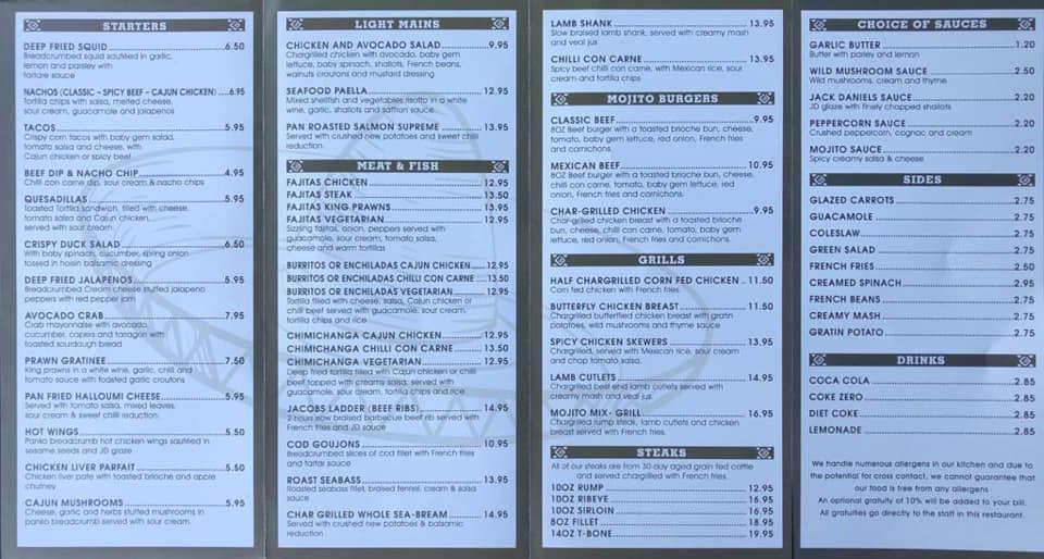 Menu at Cafe Mojito, London