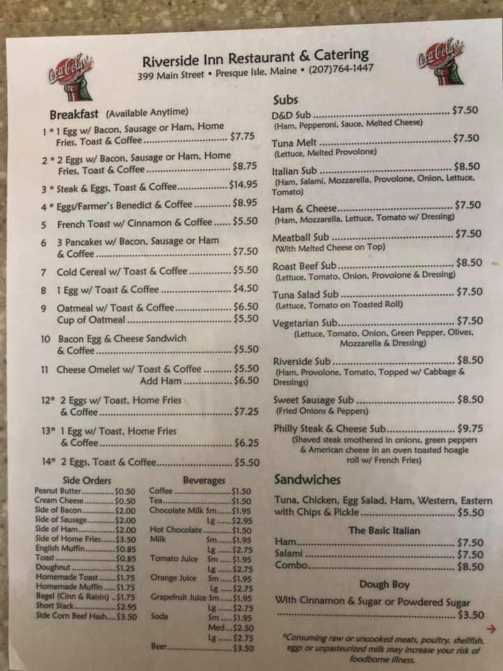 Menu at Riverside Inn Restaurant, Presque Isle