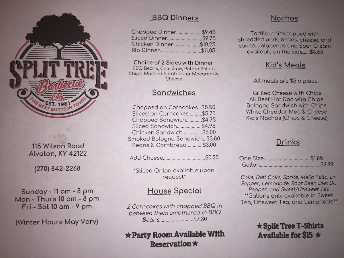 Menu at Split Tree Barbecue, Alvaton, 115 Wilson Rd