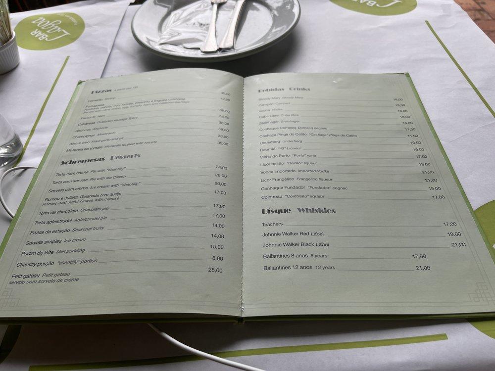 Menu at Bar Lagoa, Rio de Janeiro