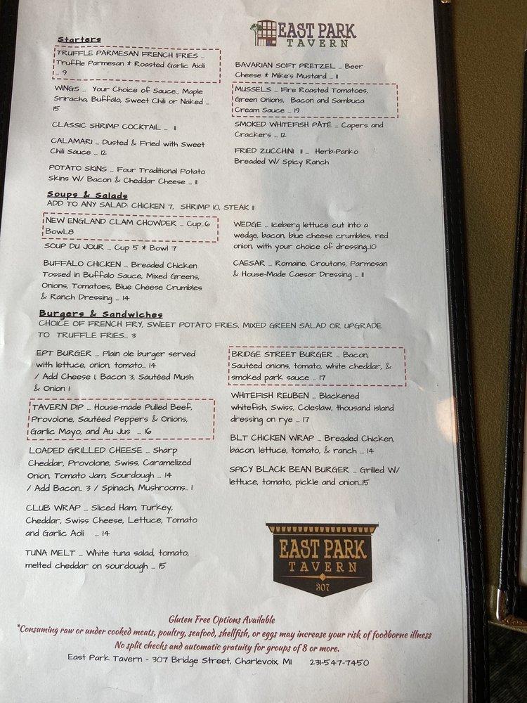 Carta del pub y bar East Park Tavern, Charlevoix