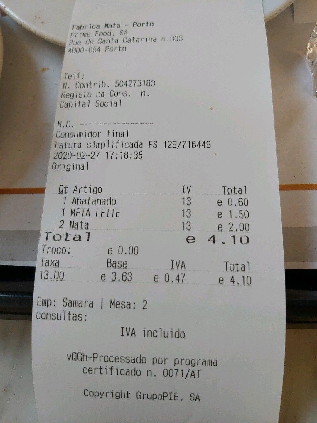 Menu at Fábrica da Nata cafe, Porto, Rua de Santa Catarina 331