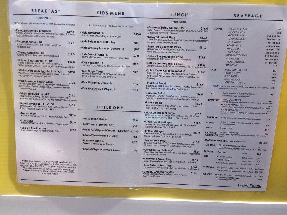 Menu at Flying Pepper cafe, Rochedale