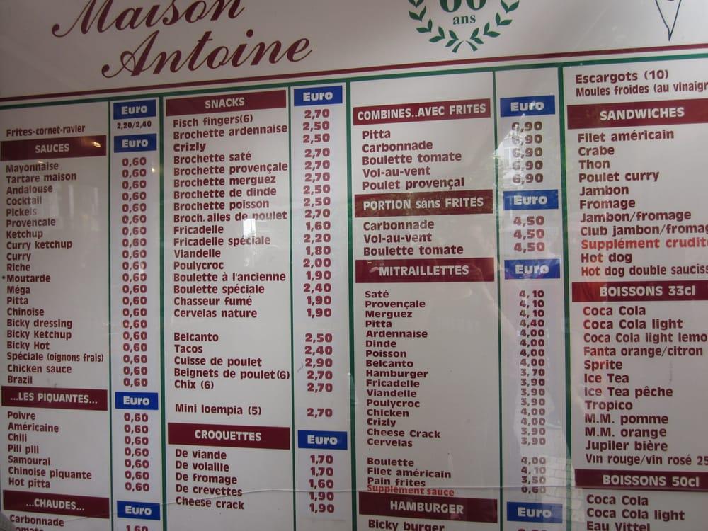 Menu at Maison Antoine, Etterbeek, Place Jourdan 1