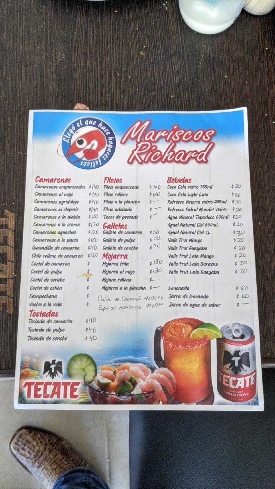 Menu at Mariscos Richard restaurant, Jalpan de Serra