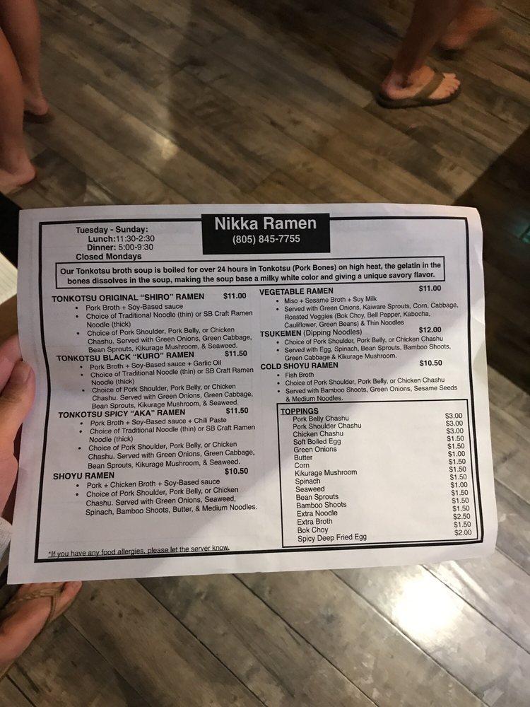 Menu at Nikka Ramen restaurant, Goleta