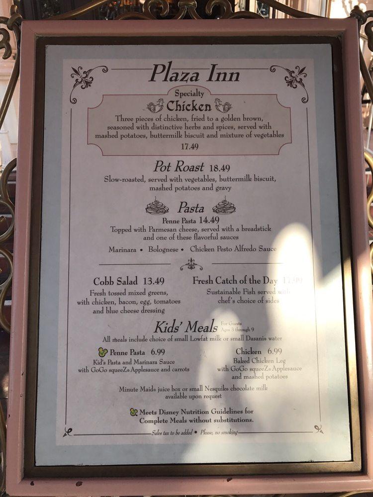Menu at Plaza Inn restaurant, Anaheim, Disneyland Park
