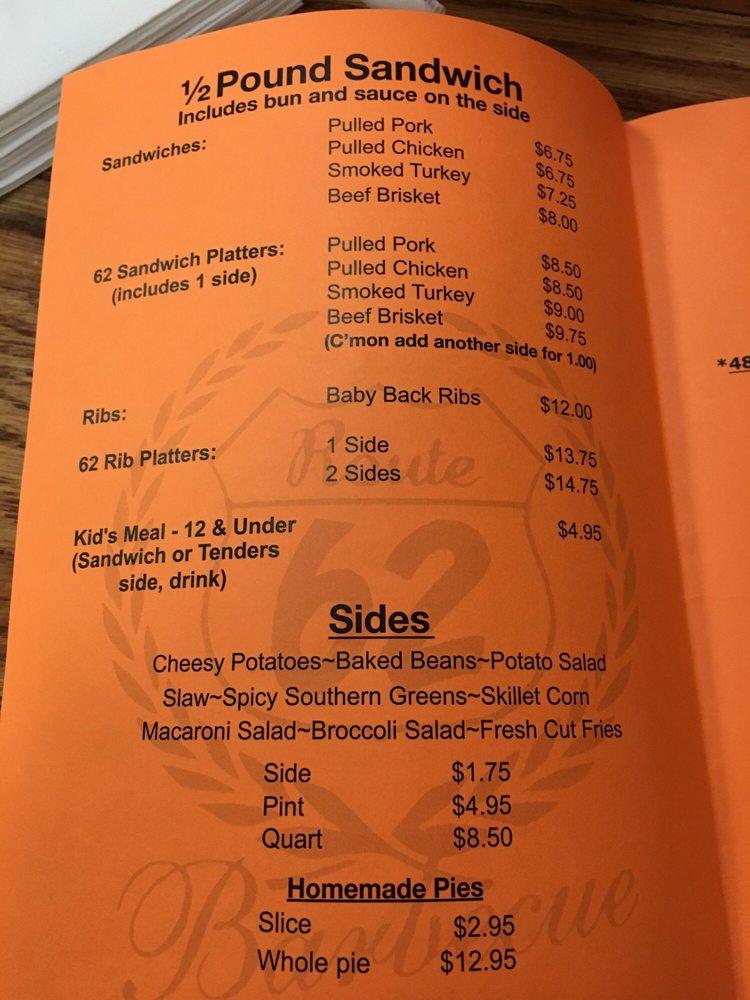 Menu at Route 62 BBQ, Johnstown