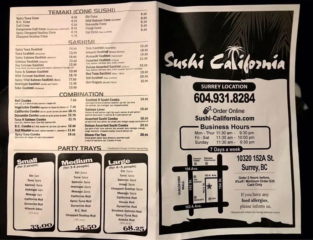 Menu at Sushi California restaurant, Surrey