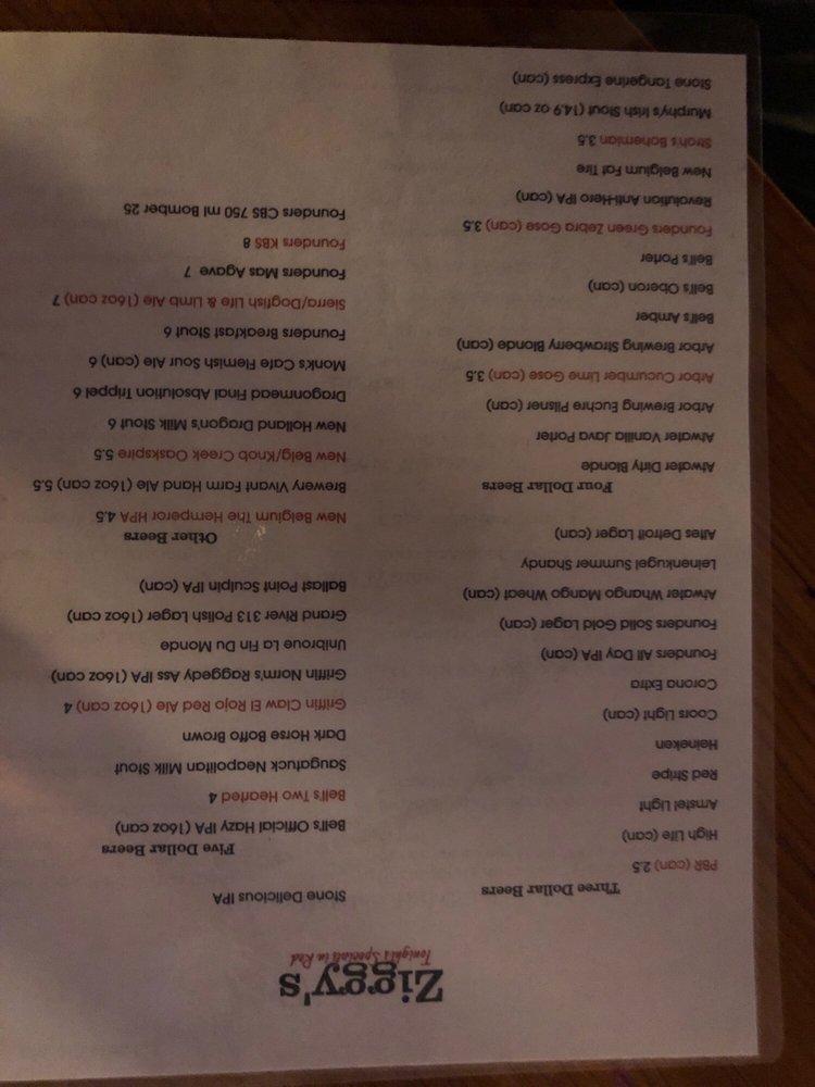 Menu at Ziggy's pub & bar, Ypsilanti
