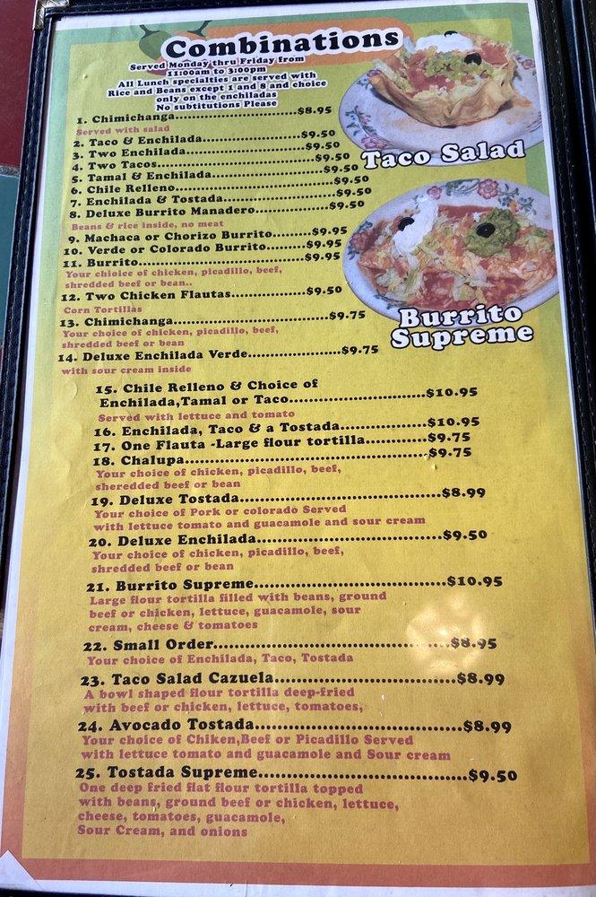 Menu at El Rancho Viejo restaurant, Battle Ground