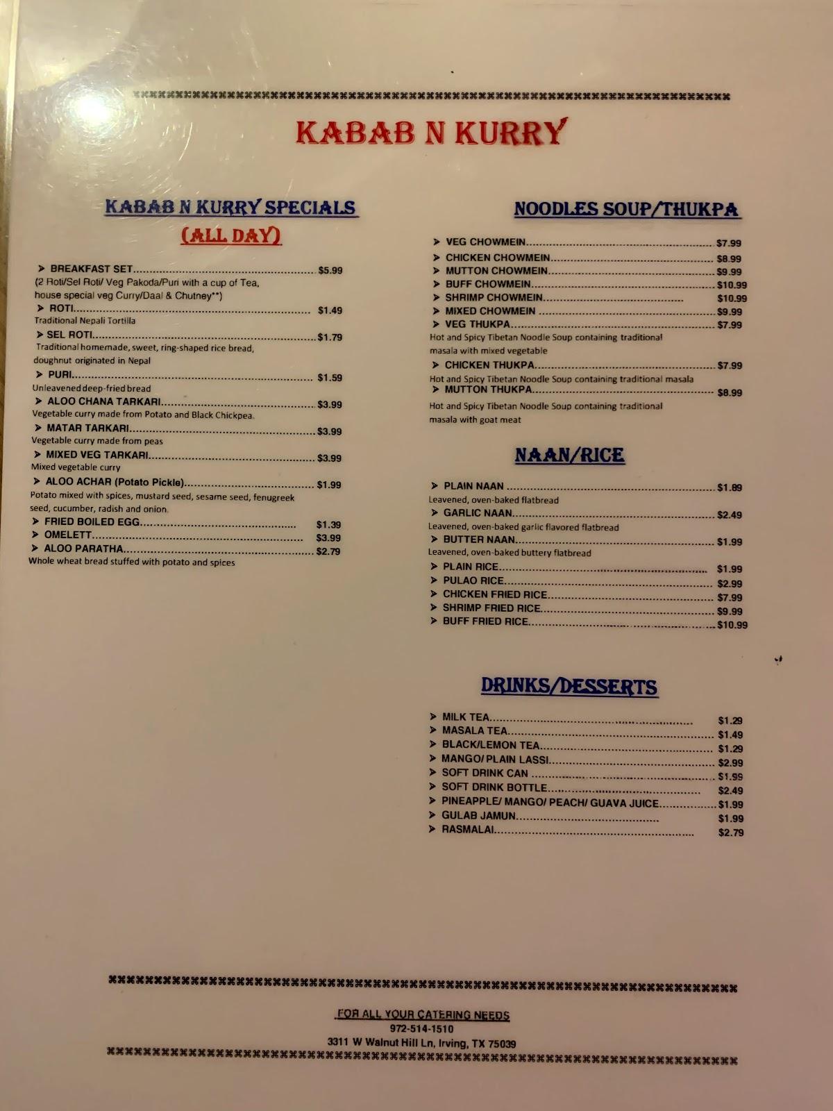 Menu at Irving Kabab N Kurry restaurant, Irving