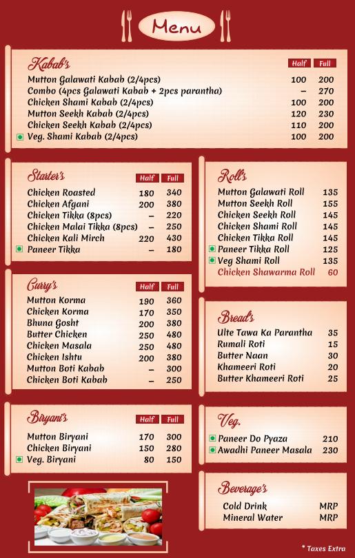 Menu at Lucknow Darbar, Gurugram