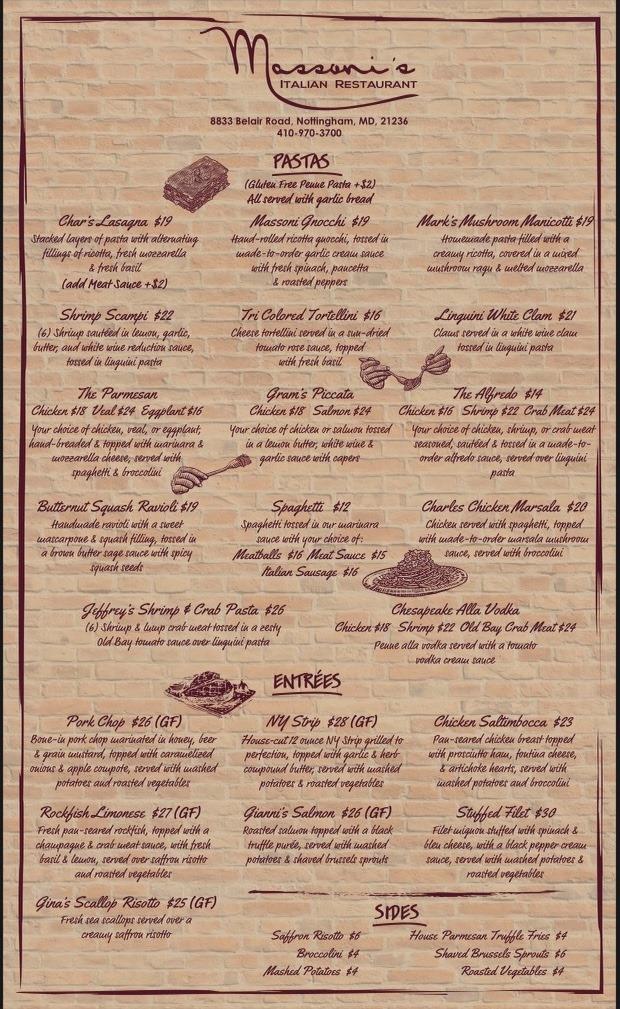 Menu at Massoni's Italian Restaurant, Nottingham