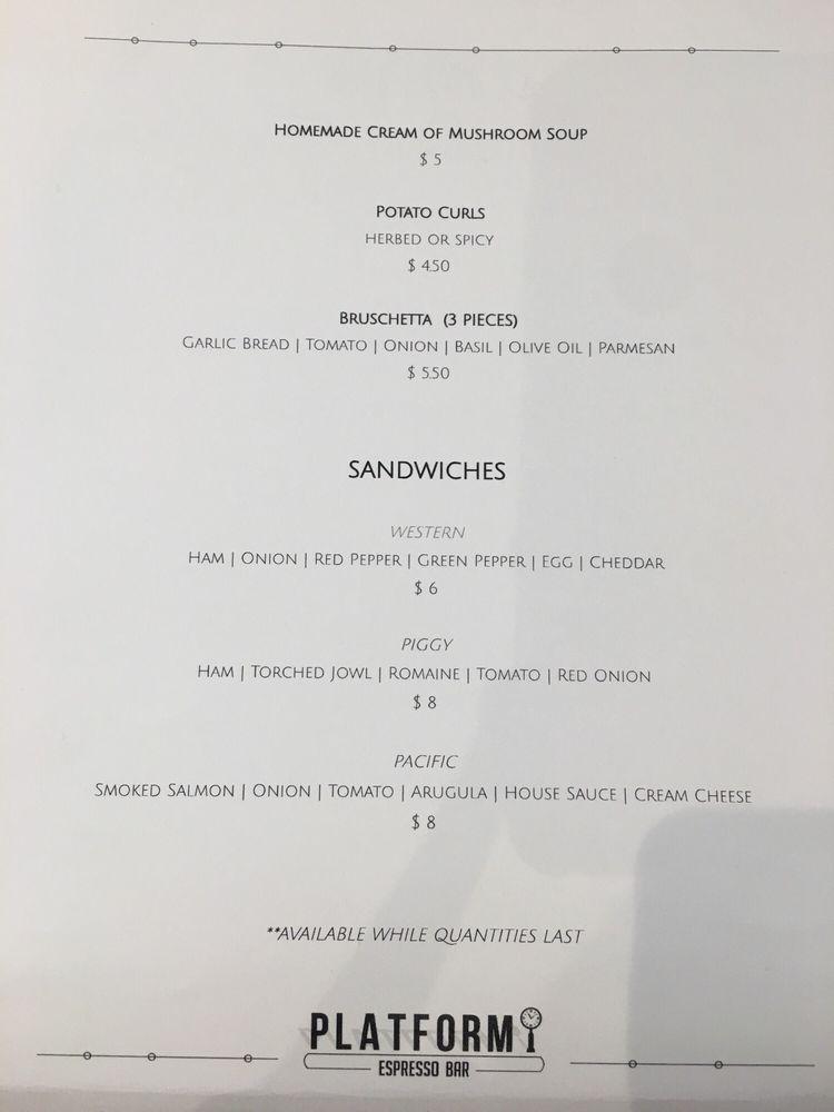Menu at Platform Espresso Bar, Markham