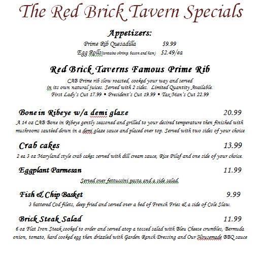 Menu at Red Brick Tavern pub & bar, London, Cumberland St