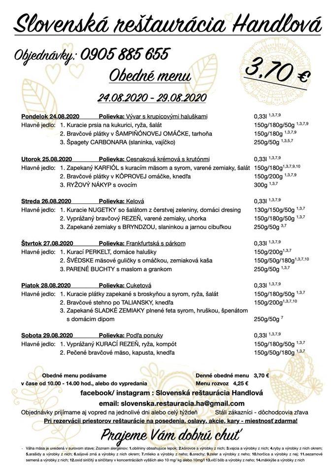 Menu at Slovenská reštaurácia restaurant, Handlová