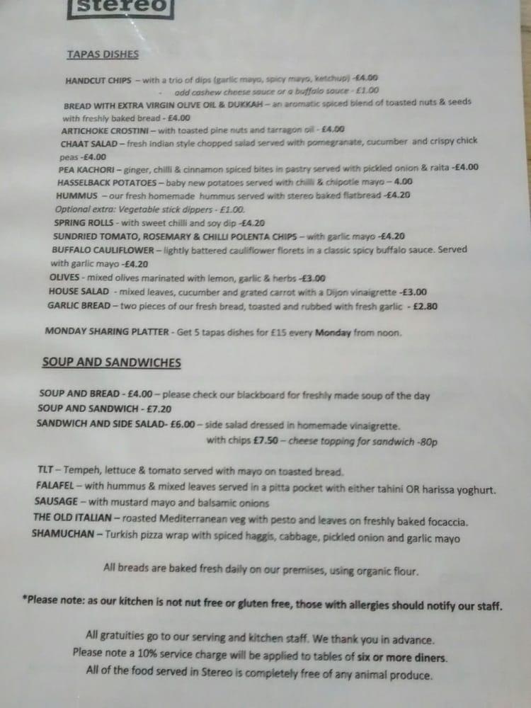 Menu at Stereo pub & bar, Glasgow