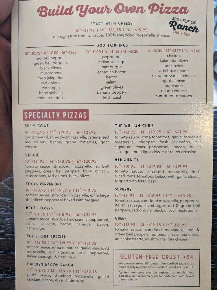 Menu at Stout's Pizza Co. pizzeria, New Braunfels