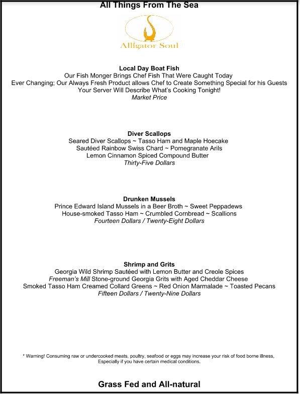 Menu at Alligator Soul Restaurant, Savannah