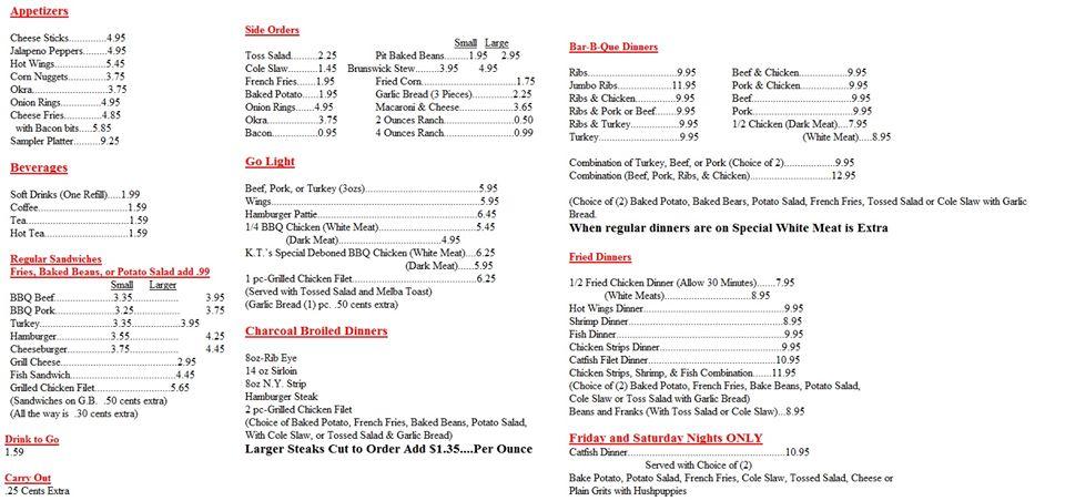 Menu at Barbecue Pit, Moultrie