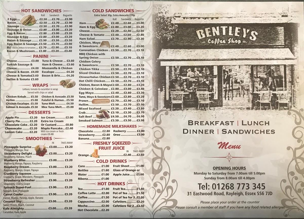 Menu at Bentleys cafe, Rayleigh