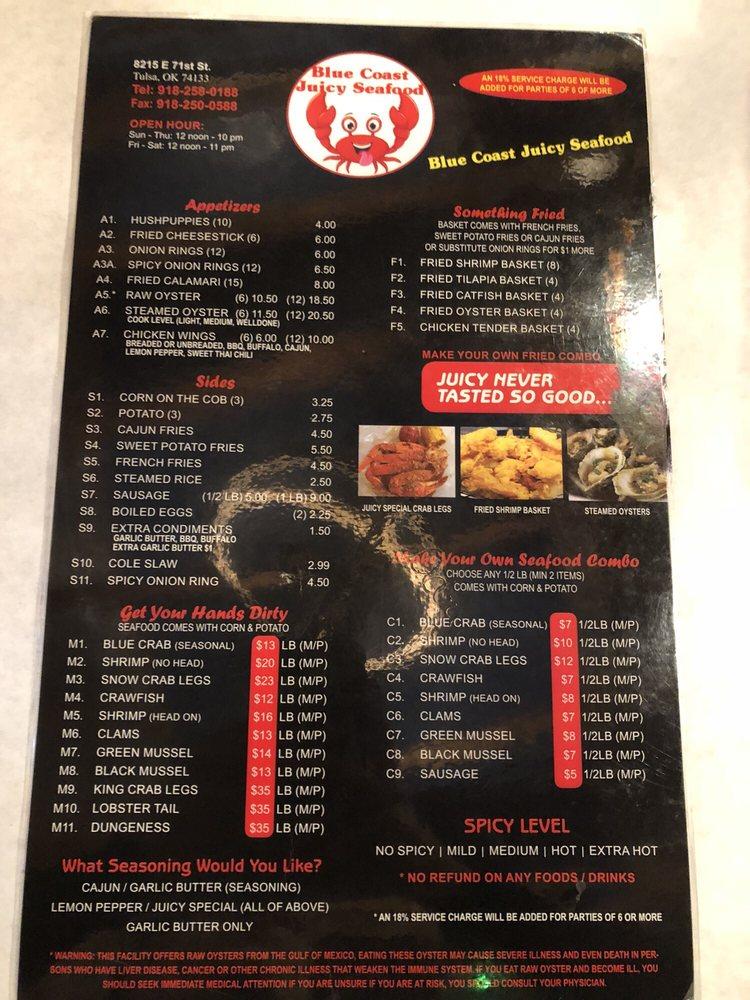 Menu at Blue Coast Juicy Seafood pub & bar, Tulsa