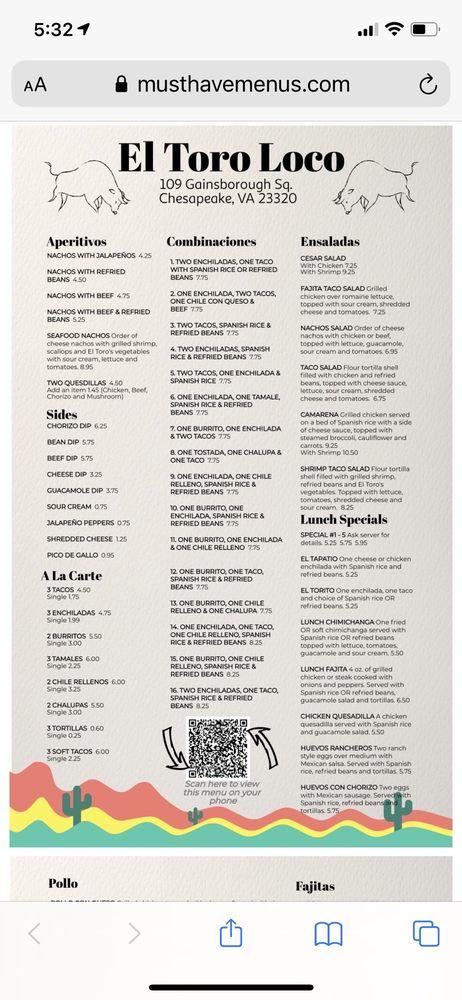 Menu at El Toro Loco restaurant, Chesapeake, 109 Gainsborough Square